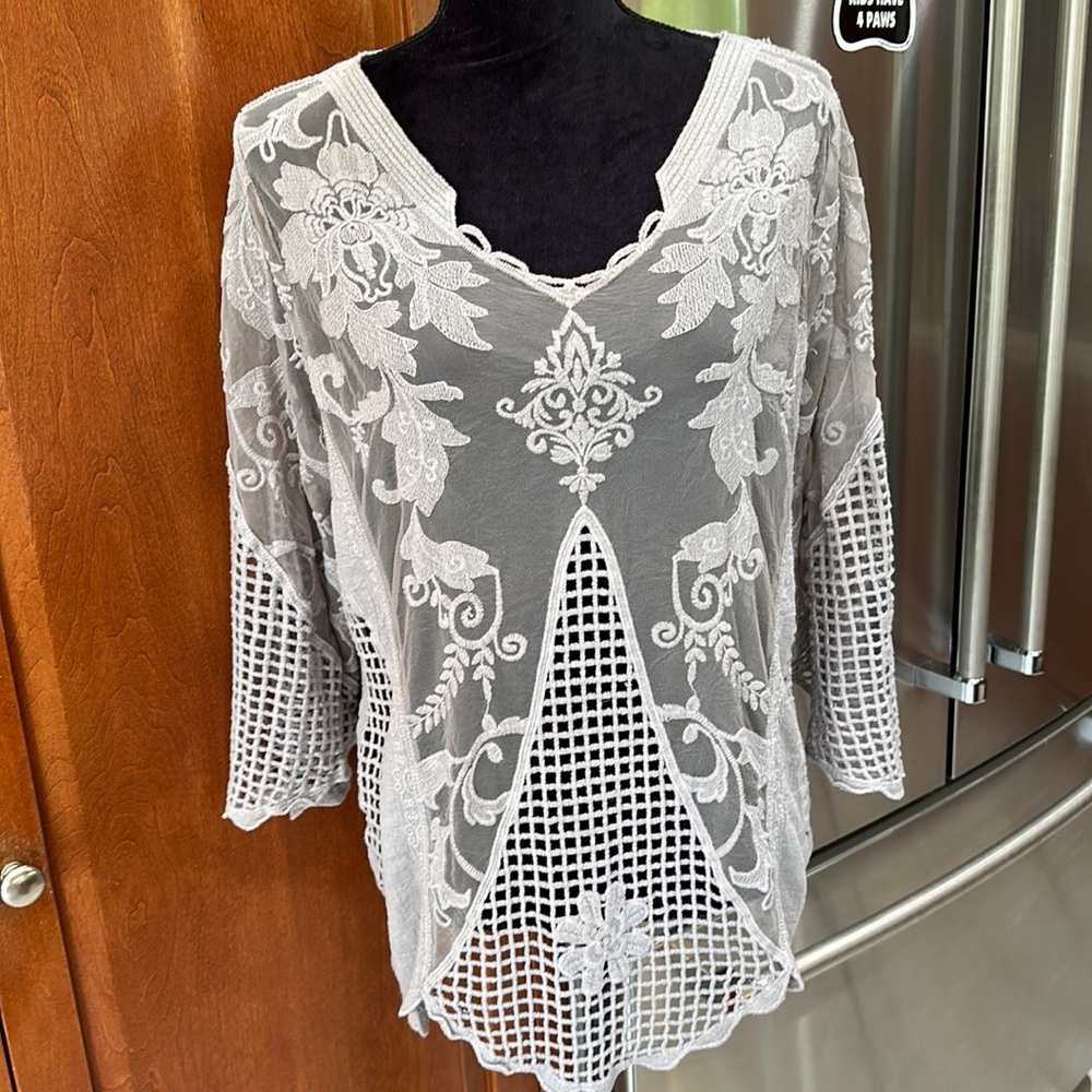 Origami By Vivien Crochet Boho Sheer Blouse - Gem